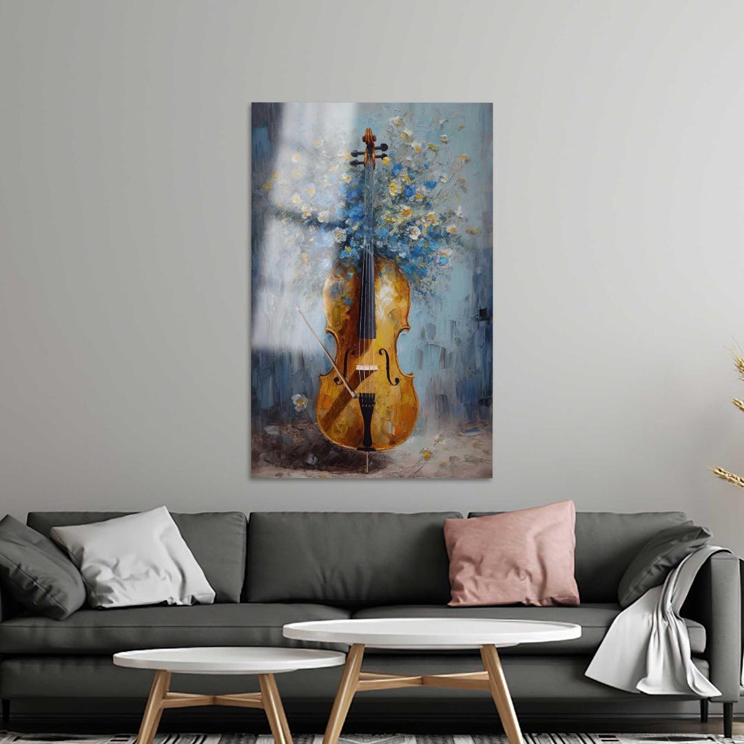 Tempered Glass Violin Wall Art: Blue Floral Musical Instrument Panel - Etsy