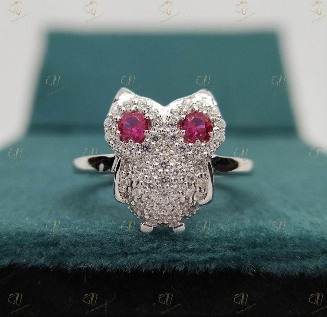Owl Ring With Pink Diamonds Eyes, Silver Owl Jewelry, Diamond Owl Ring ...