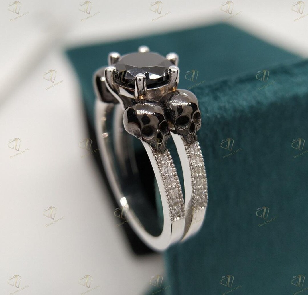 Gothic Black Skull Ring Four Face Skull Ring 1.67ct Round Black Diamond ...