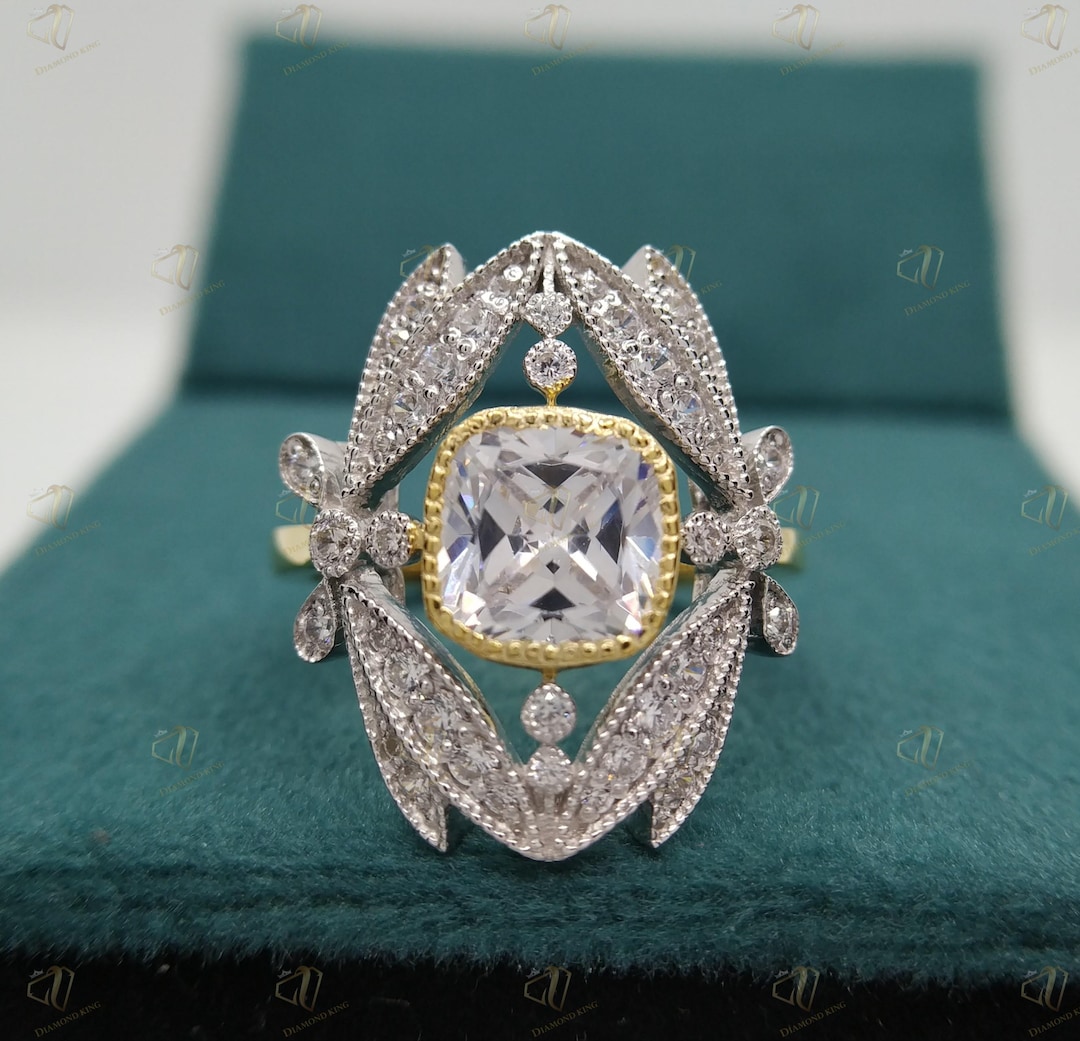 Antique Filigree Vintage Wedding Ring, Art Deco Navette Ring, Cushion ...