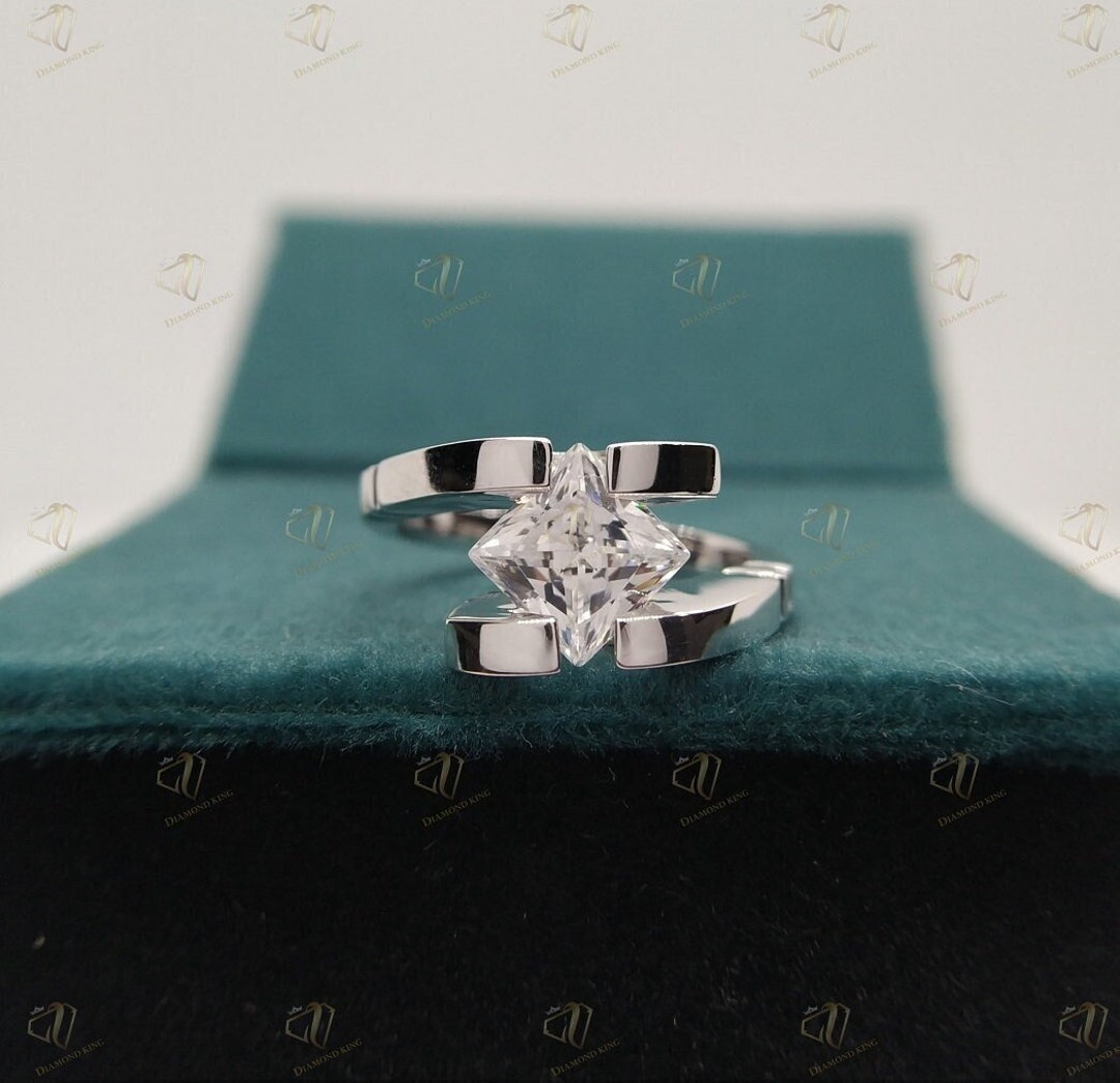 Tension Set Princess Cut Moissanite Diamond Ring, 2 Ct Princess Bypass ...