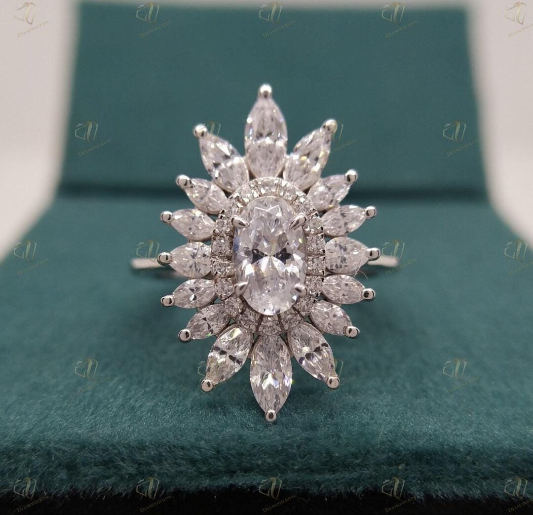 Star Burst Diamond Ring, Engagement Ring, Sun Burst Double Halo Oval ...