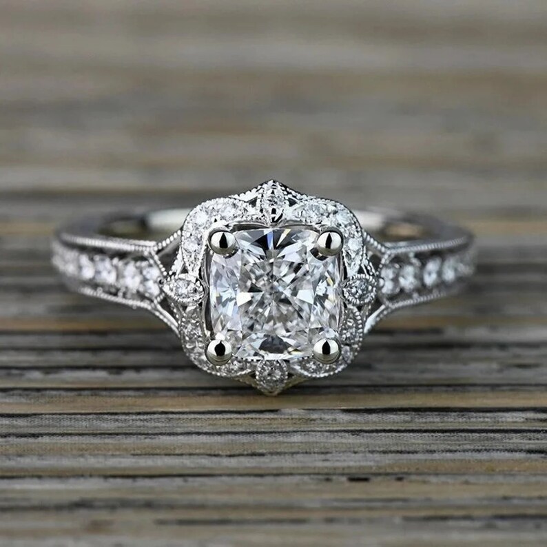 Retro Antique Vintage 2.10 Ct White Cushion Cut Diamond Wedding ...