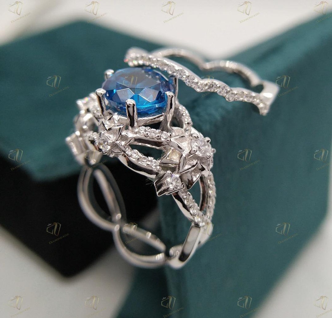 Art Deco Flower Bridal Set ~ Unique Engagement Rings Set ~ London Blue ...