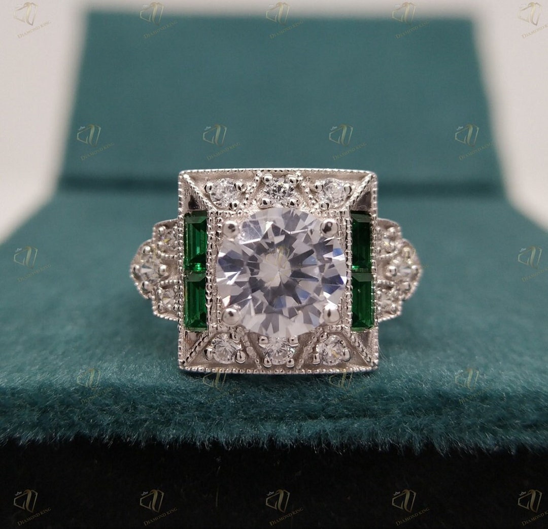 Vintage Lozenge Dinner Ring, Antique Green Baguette and Round Diamond ...