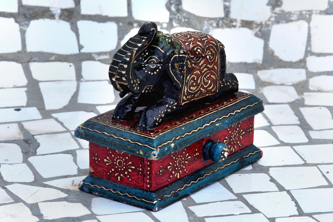 Hand Carved Painted Wooden Elephant Box With Drawer Box, Indian ...