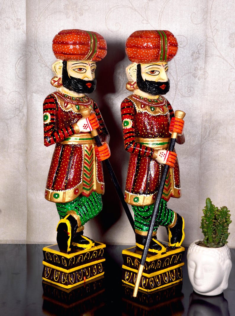 Handpainted Wooden Chowkidar Set, Indian Watchmen Figurines ...