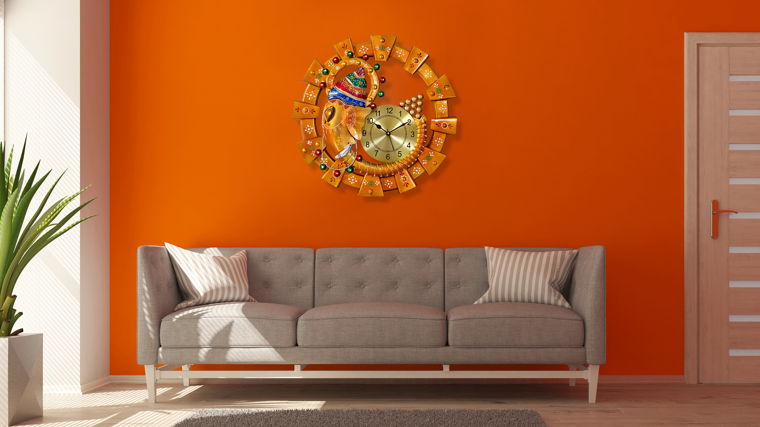 Ganesha Idol With Clock Metal Wall Hanging, Metal Wall Sculpture for ...