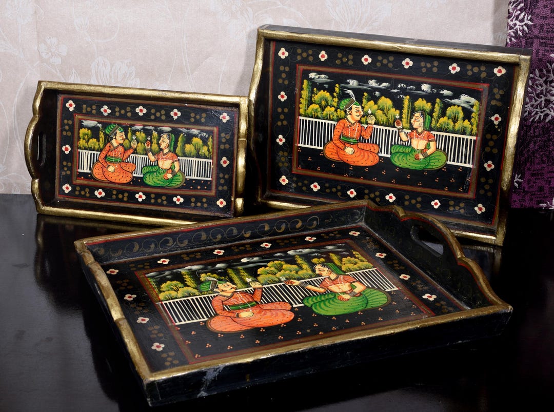 Indian Handpainted Raja Rani Wooden Tray Set of 3, Serving Tray ...