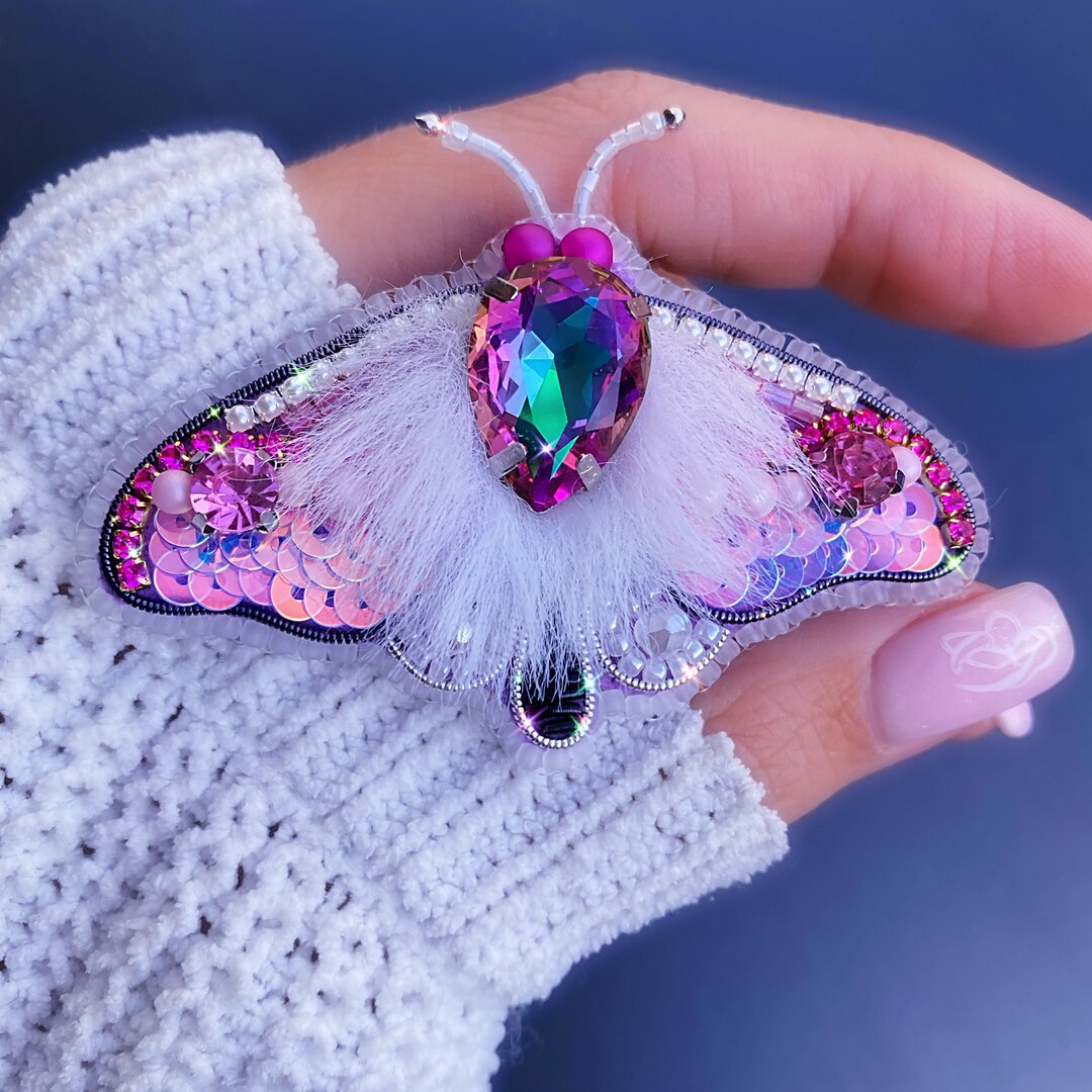 Pink Beaded Embroidery Butterfly Moth With White Faux Fur. Insect ...