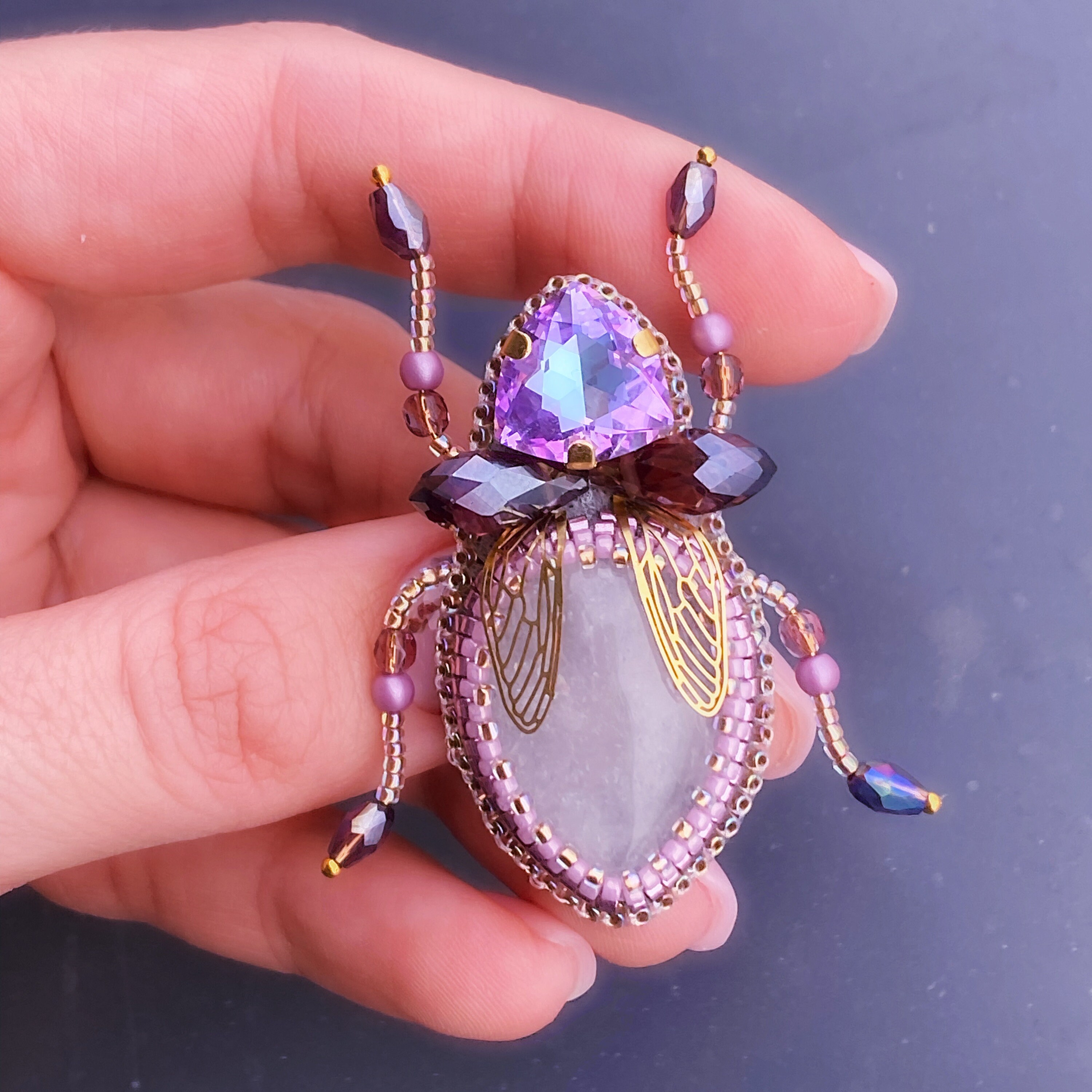 Embroidery Bug, Scarab Beetle Brooch. Insect Pin With Pink Quartz Stone ...