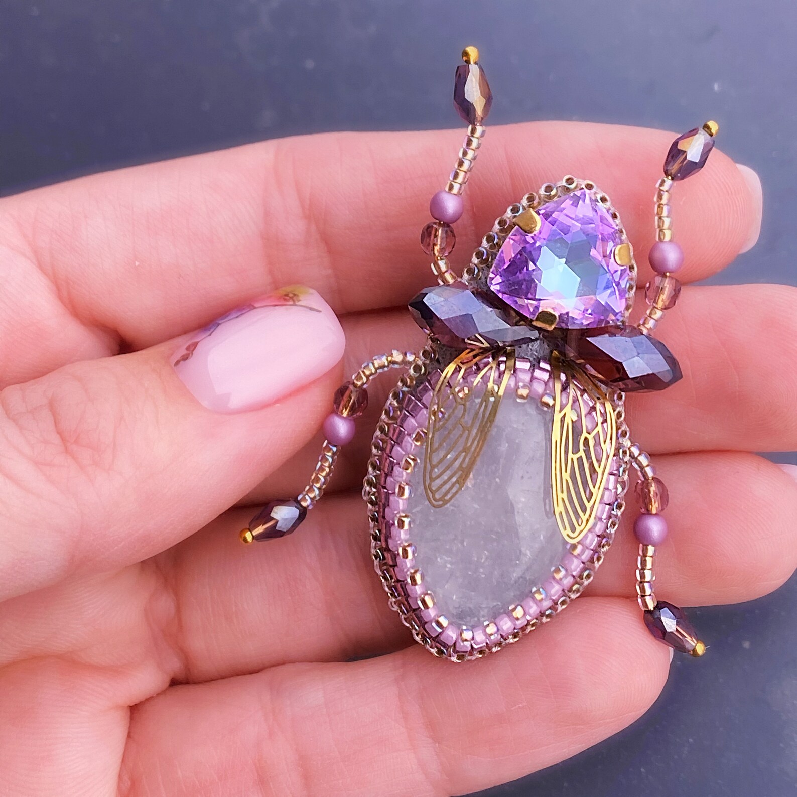 Embroidery Bug, Scarab Beetle Brooch. Insect Pin With Pink Quartz Stone ...
