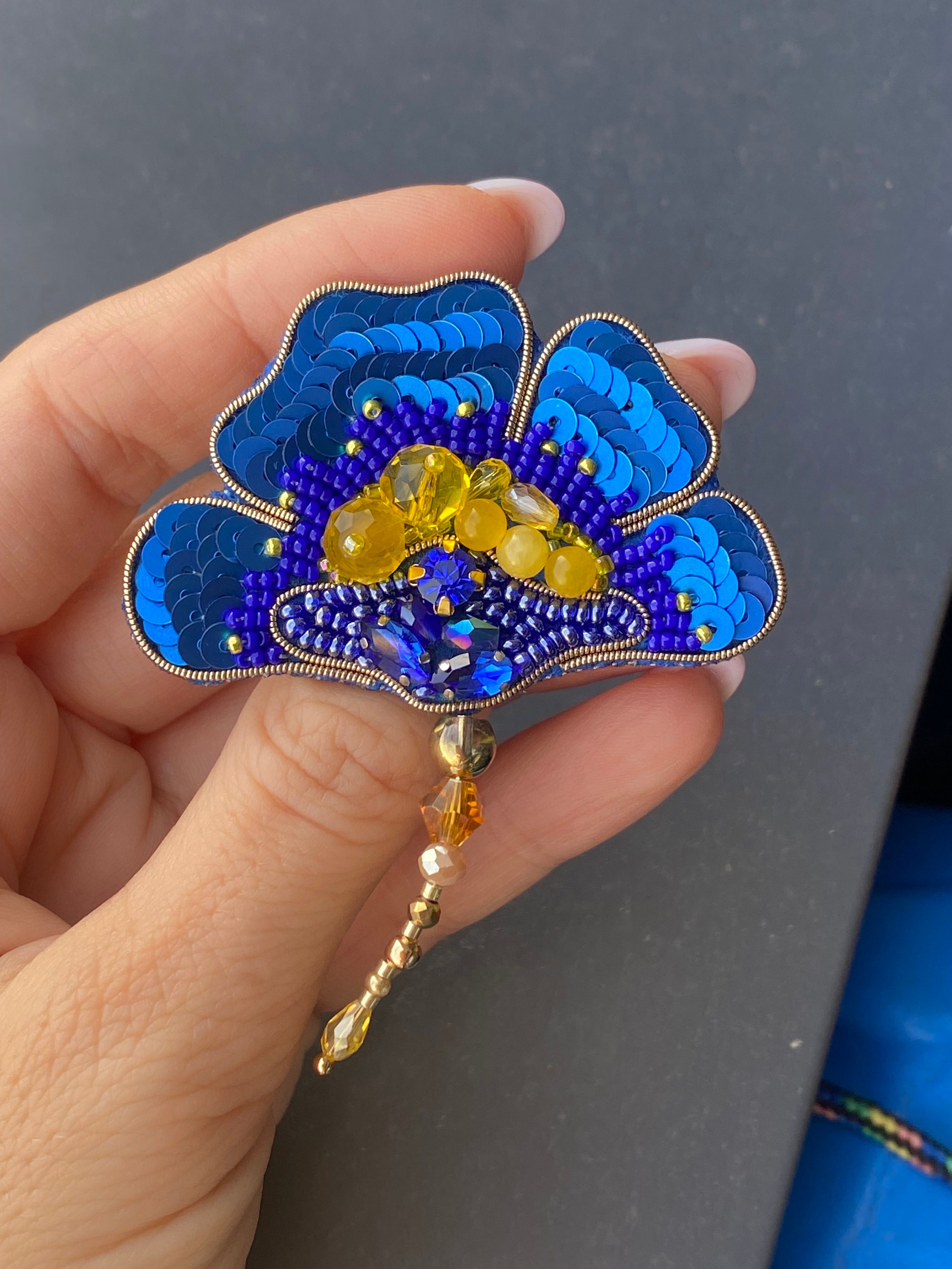 Poppy Flower, Ukrainian Brooch. Embroidery Beaded Blue Yellow Flower to ...