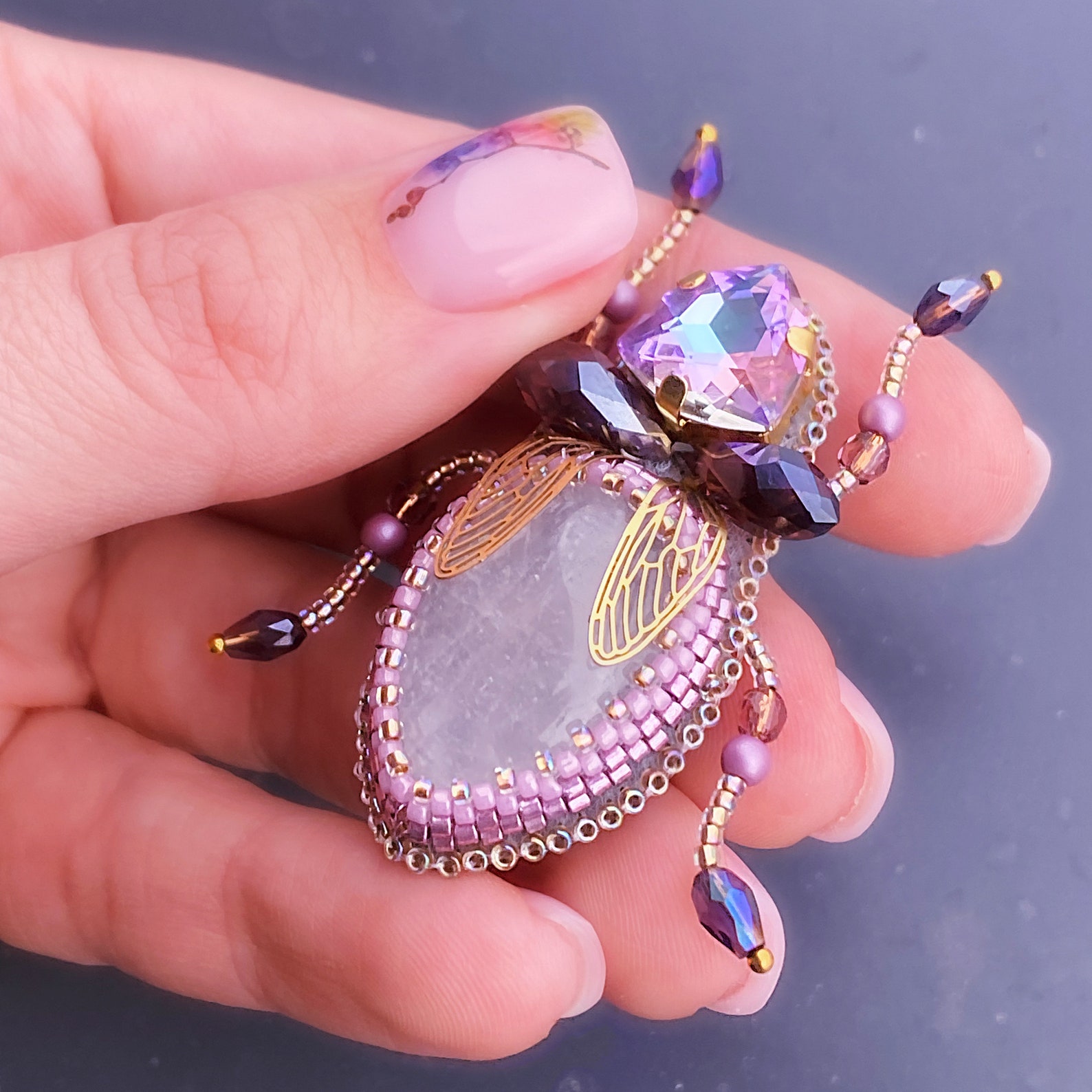 Embroidery Bug, Scarab Beetle Brooch. Insect Pin With Pink Quartz Stone ...
