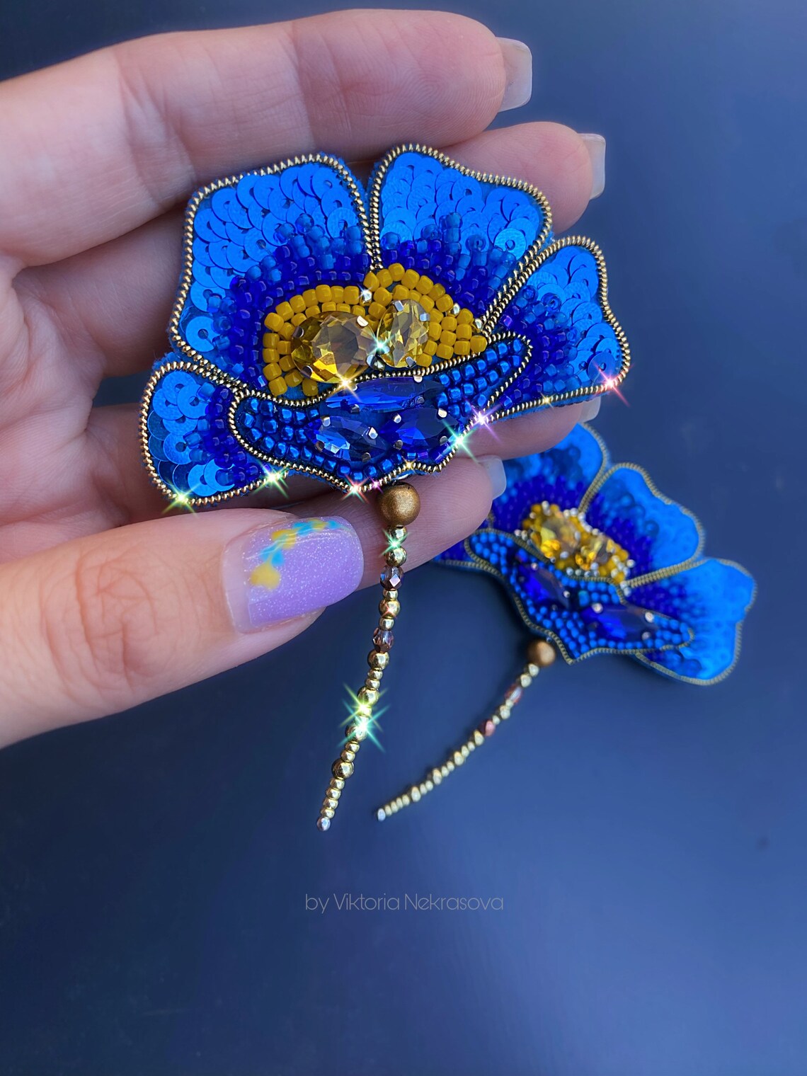 Poppy Flower, Ukrainian Brooch. Embroidery Beaded Blue Yellow Flower to ...