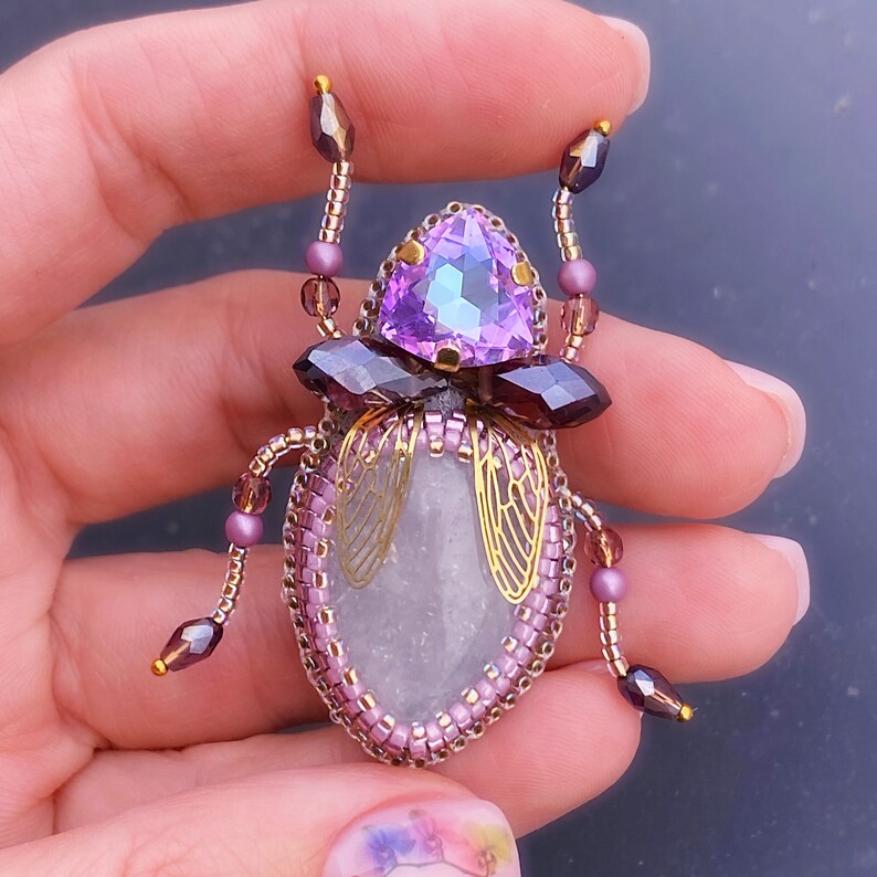 Embroidery Bug, Scarab Beetle Brooch. Insect Pin With Pink Quartz Stone ...