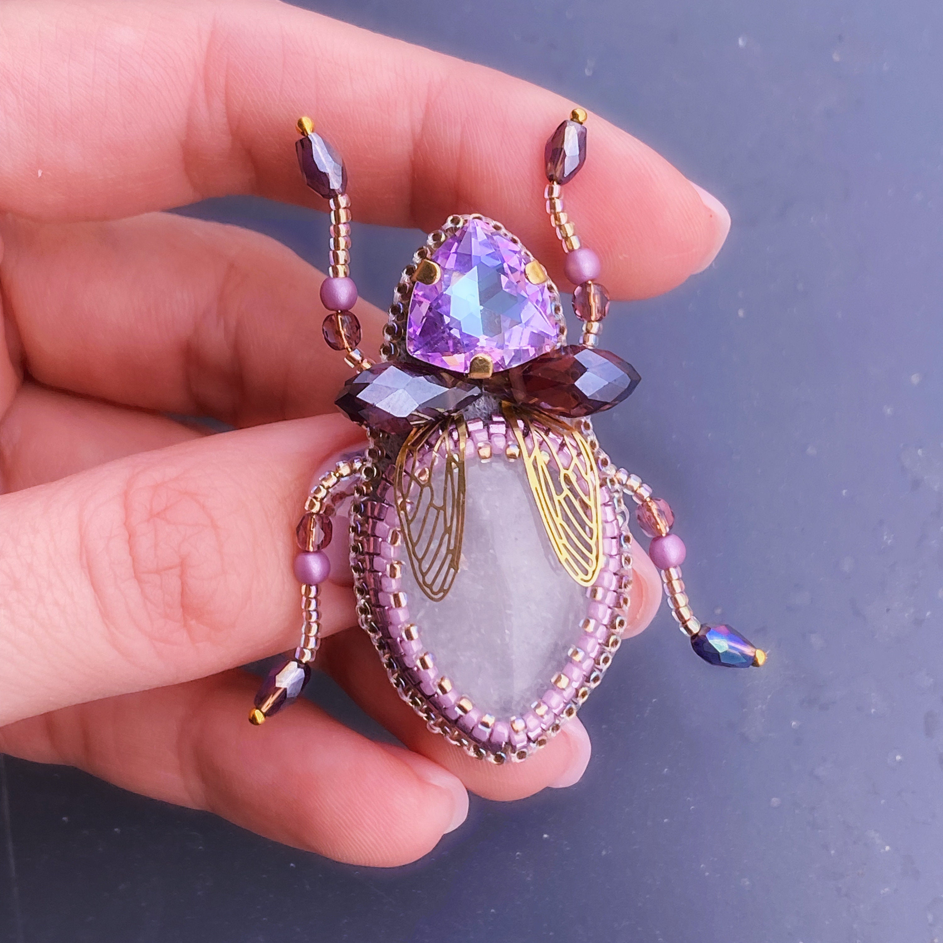 Embroidery Bug, Scarab Beetle Brooch. Insect Pin With Pink Quartz Stone ...