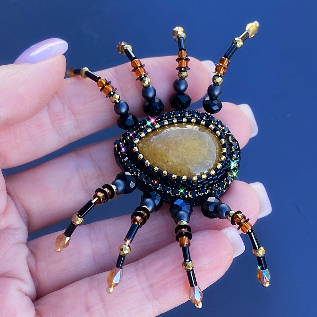 Spider Brooch, Gothic Pin. Black Gold Insect. Yellow Stone Jewellery ...