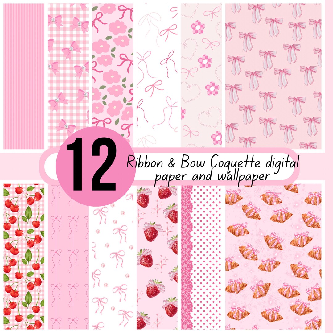 Coquette Pink Ribbon Bow Digital Paper, Minimalist Ribbon Pink Coquette ...
