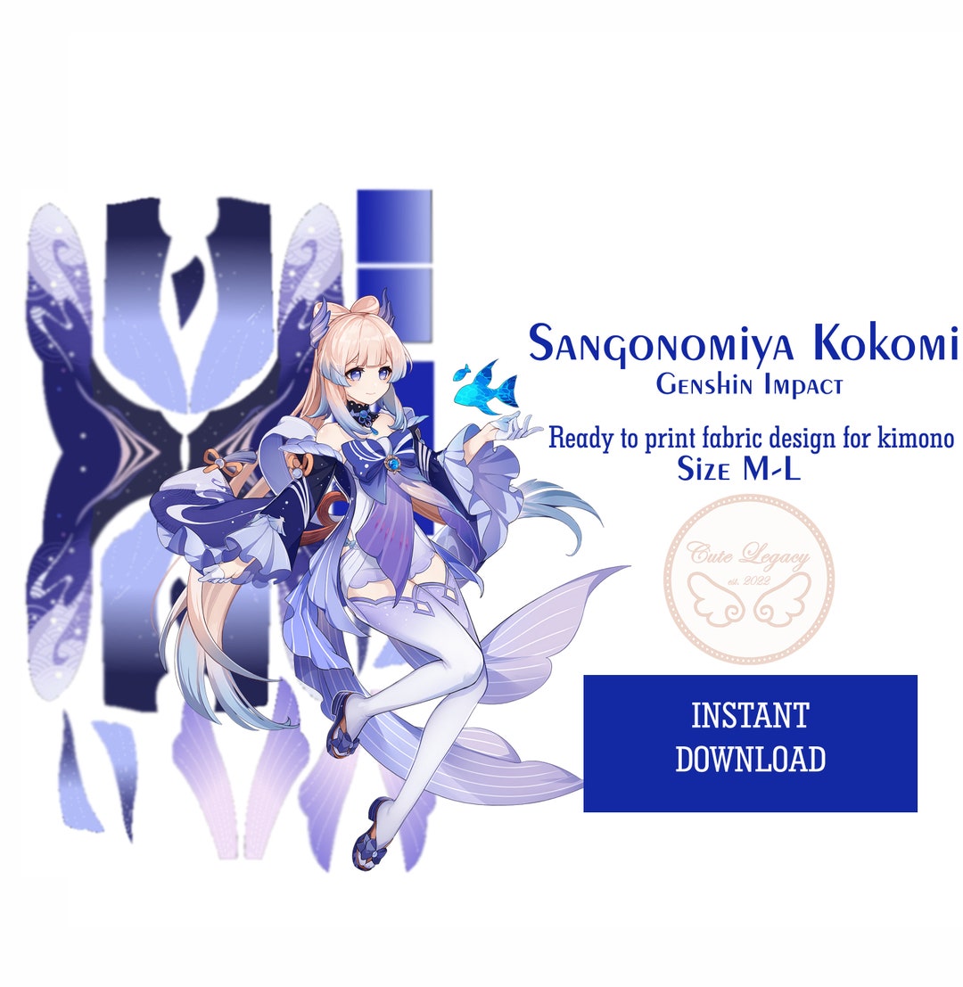 Sangonomiya Kokomi Fabric Design Genshin Impact Inazuma Kimono Digital ...