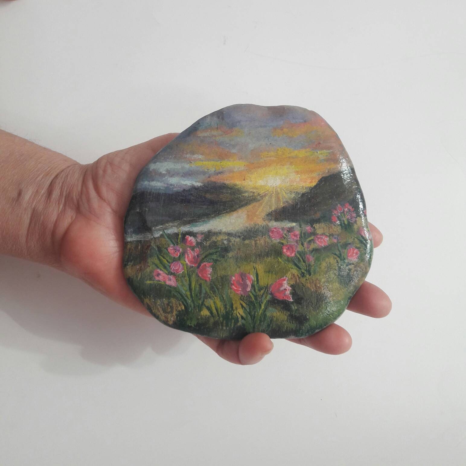 Sunset Hill Tulips Stone Art, Hand Painted Rock, Custom Sunset Hill ...