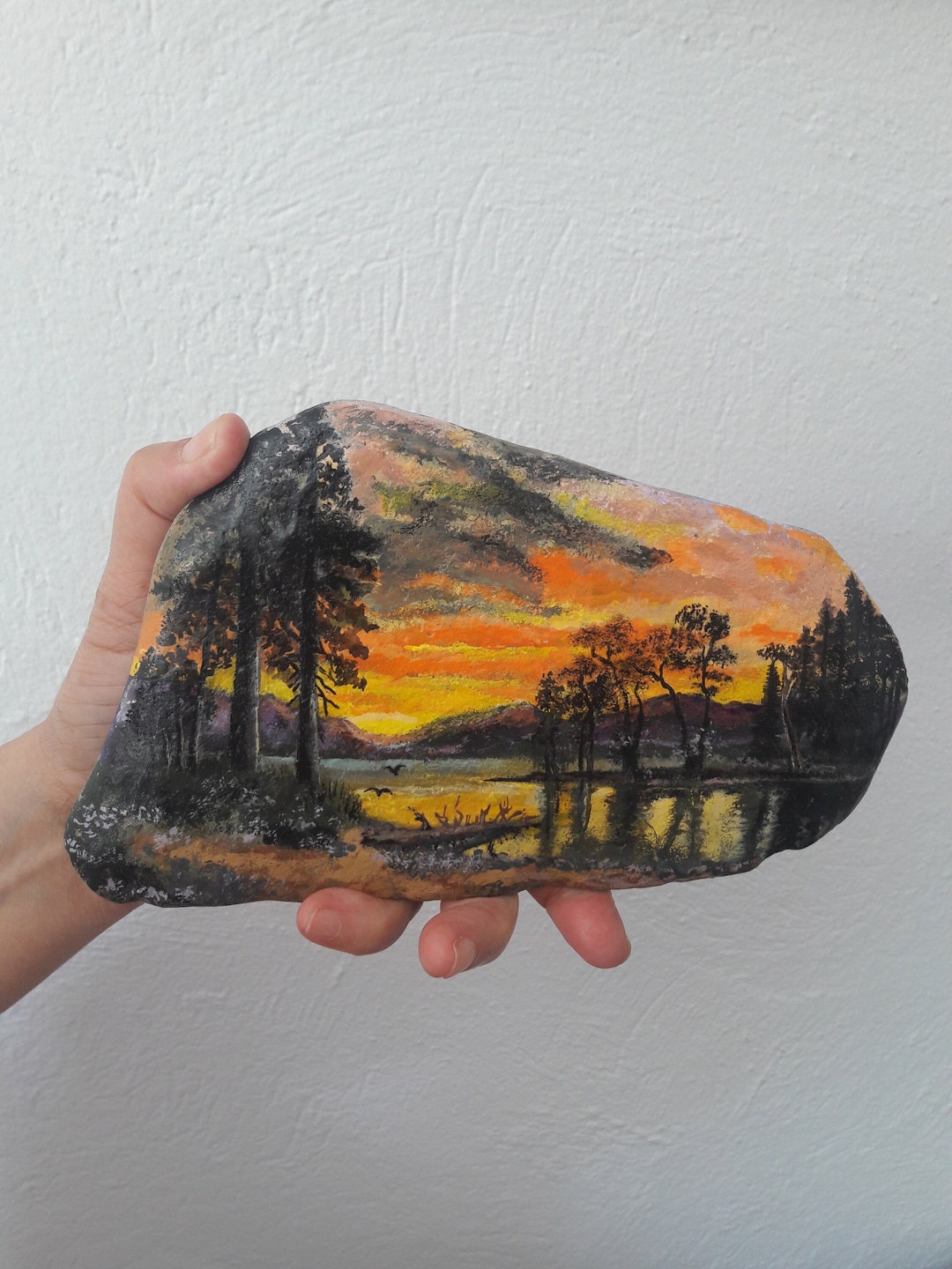 Acrylic Stone Painting of a Forest Scenery in Sunset,acrylic Landscape ...