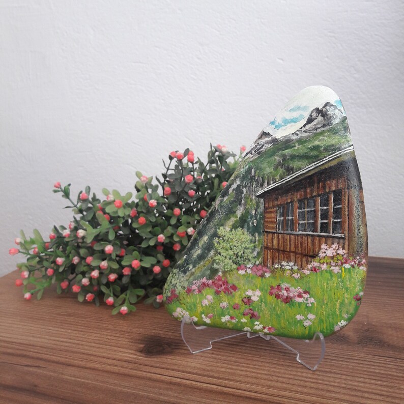 Unique Hand-painted Stone Art, Mountain Cabin Scene, Custom Stone ...