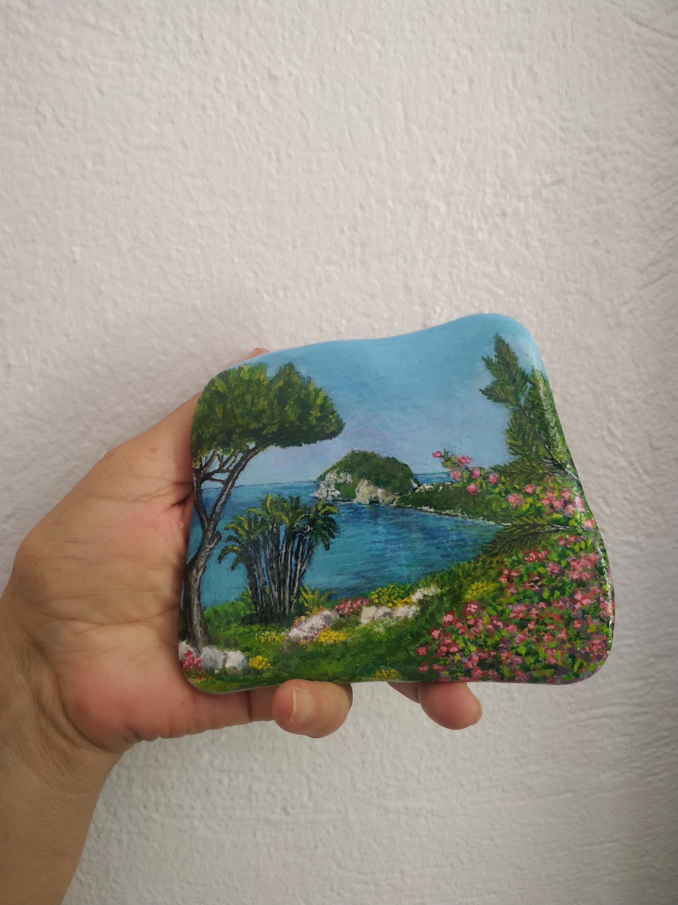 Serene Cove Stone Painting, Acrylic Seaside Painting, Cove Scene Stone ...