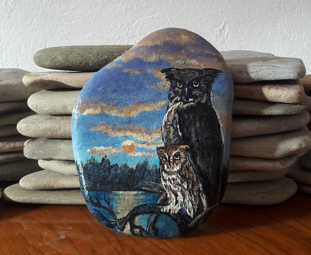 Hand Painted Acrylic Gothic Art on Rocks, Owl Acrylic Stone Art, Hand ...