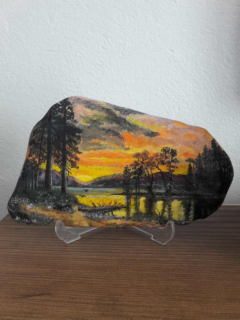 Acrylic Stone Painting of a Forest Scenery in Sunset,acrylic Landscape ...