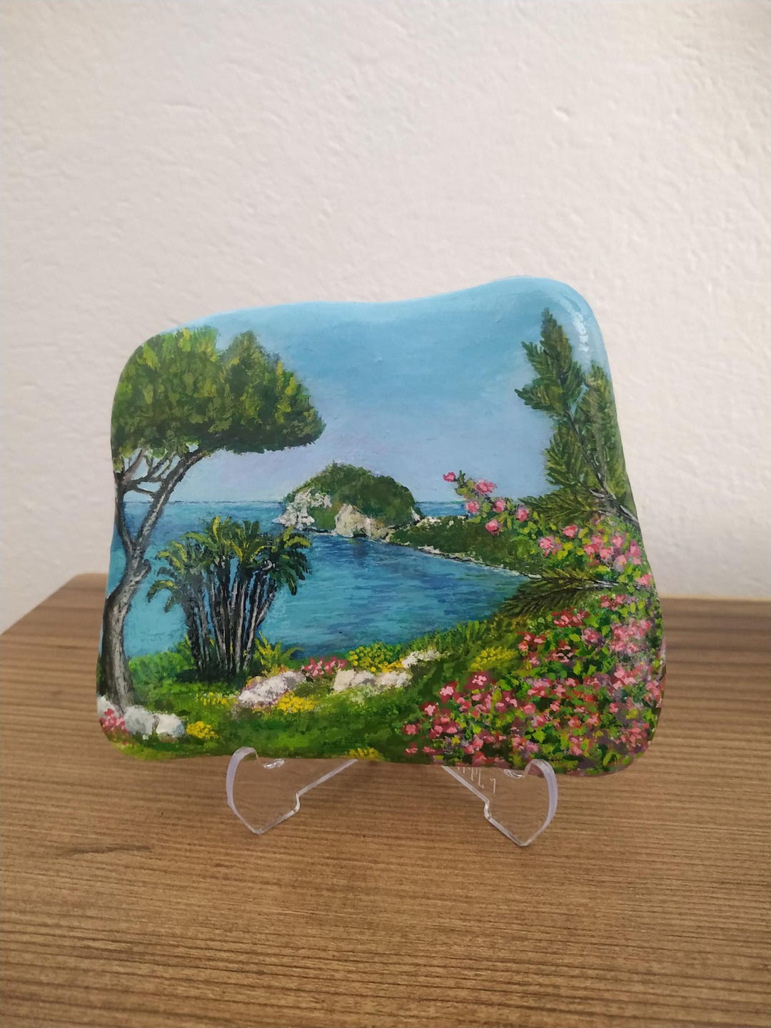 Serene Cove Stone Painting, Acrylic Seaside Painting, Cove Scene Stone ...