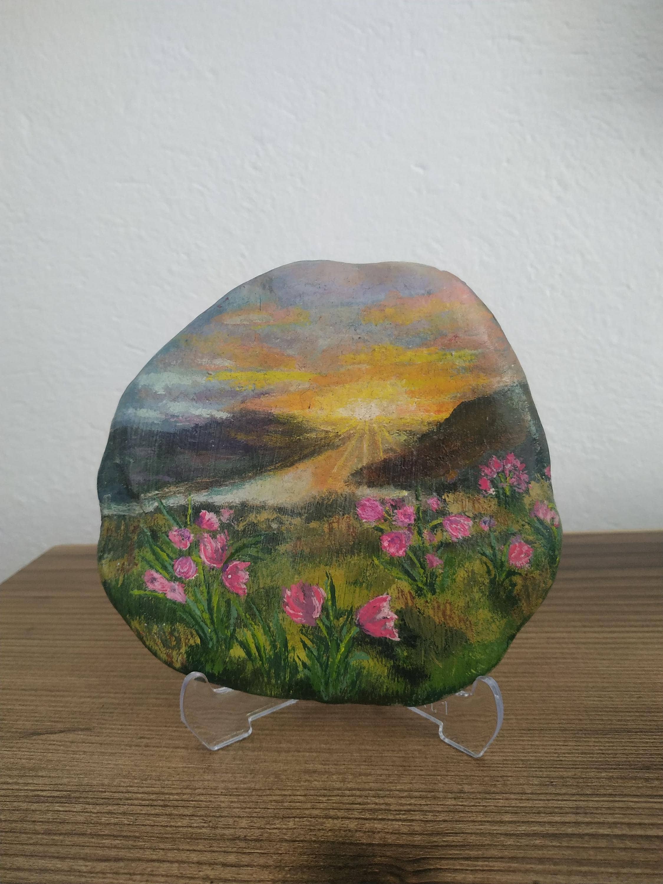 Sunset Hill Tulips Stone Art, Hand Painted Rock, Custom Sunset Hill ...