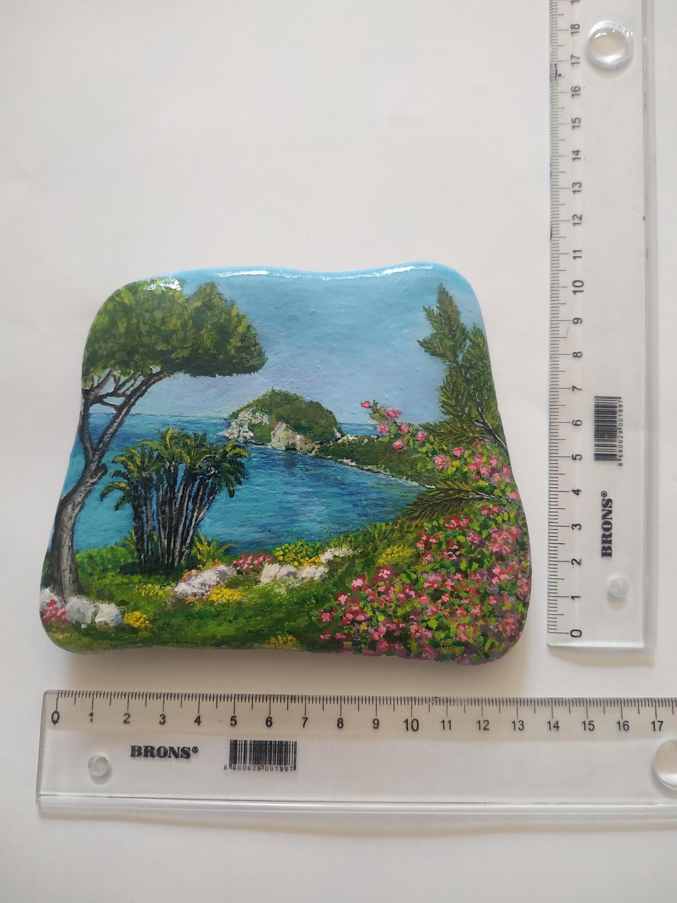 Serene Cove Stone Painting, Acrylic Seaside Painting, Cove Scene Stone ...