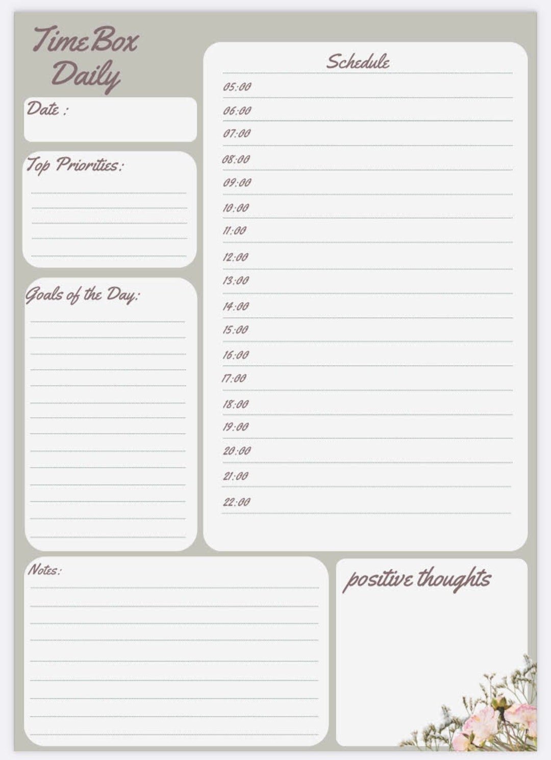 Time Box Daily Pdf. Ready to Print grey - Etsy