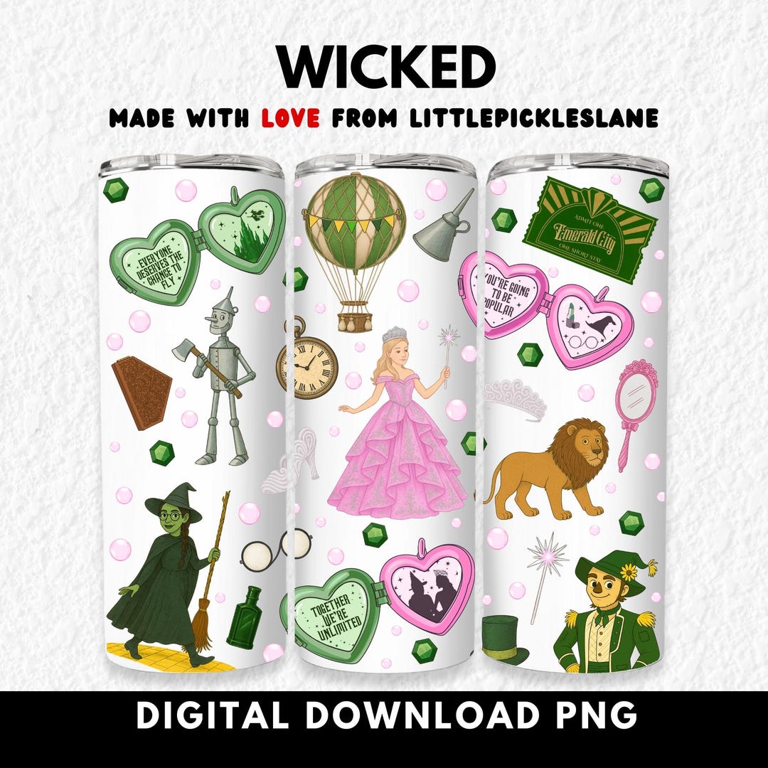 Wicked 20oz Sublimation Tumbler Wrap, Glinda Elphaba Emerald City ...