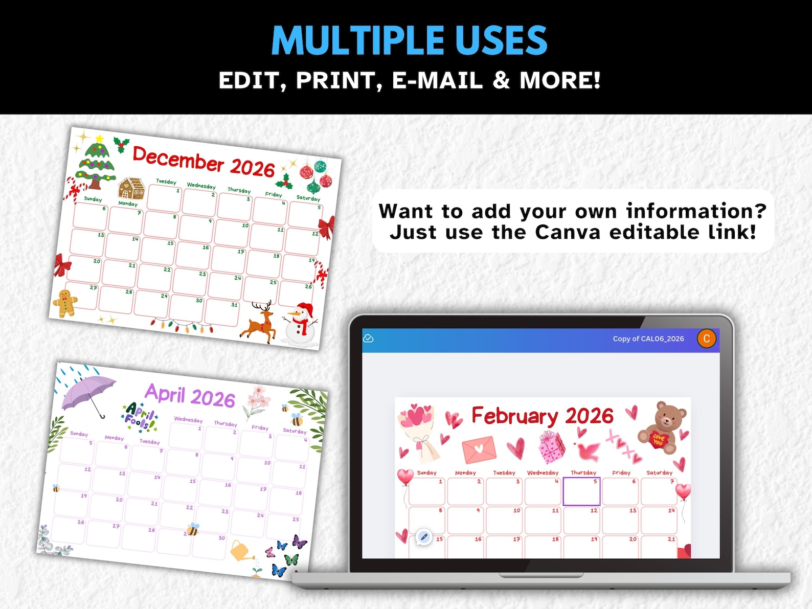 2026 Calendar Printable Monthly Calendars Canva Editable Template Desk ...