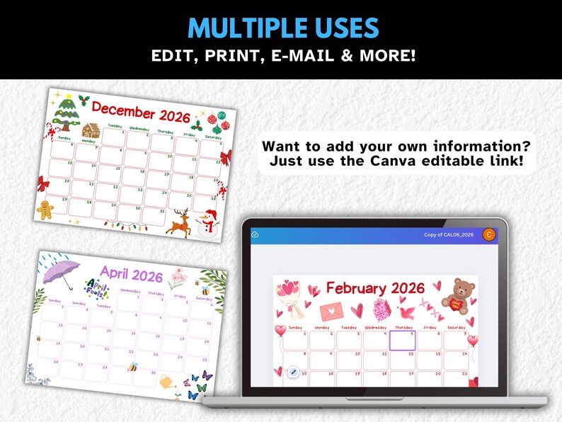 2026 Calendar Printable Monthly Calendars Canva Editable Template Desk ...