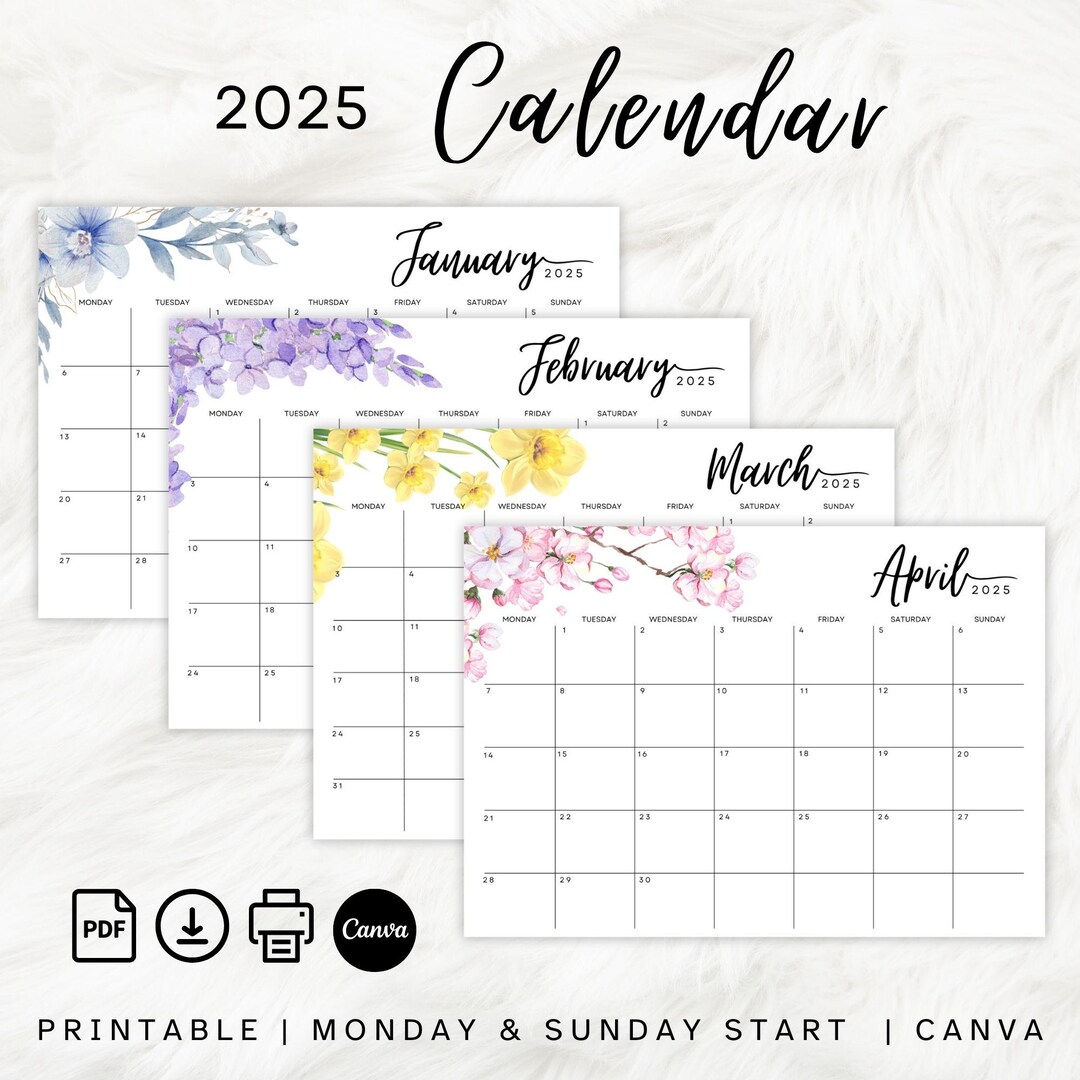 Printable 2025 Monthly Calendar, Watercolour Floral Calendar, Monthly ...
