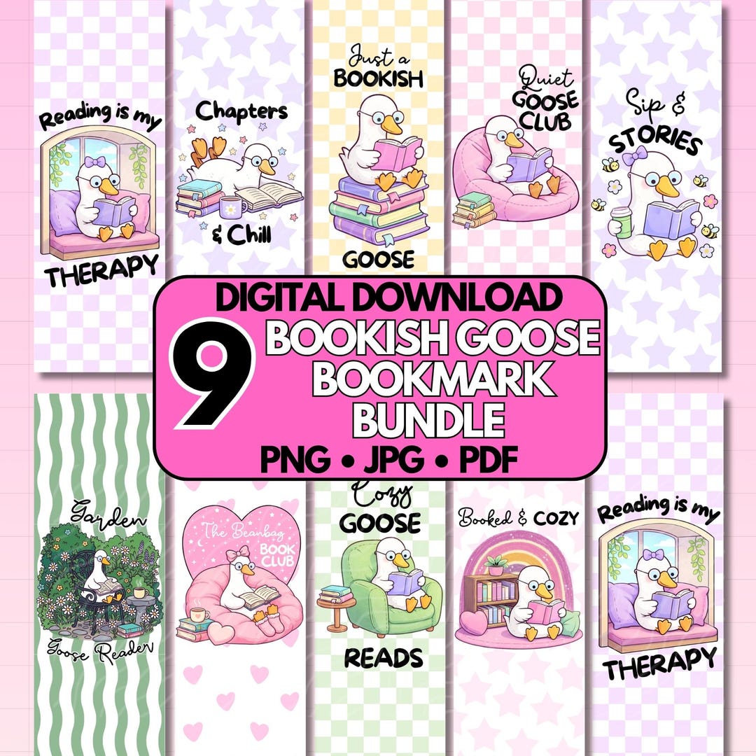 Bookish Cozy Goose Printable Bookmark Bundle PNG, Silly Goose Reading ...