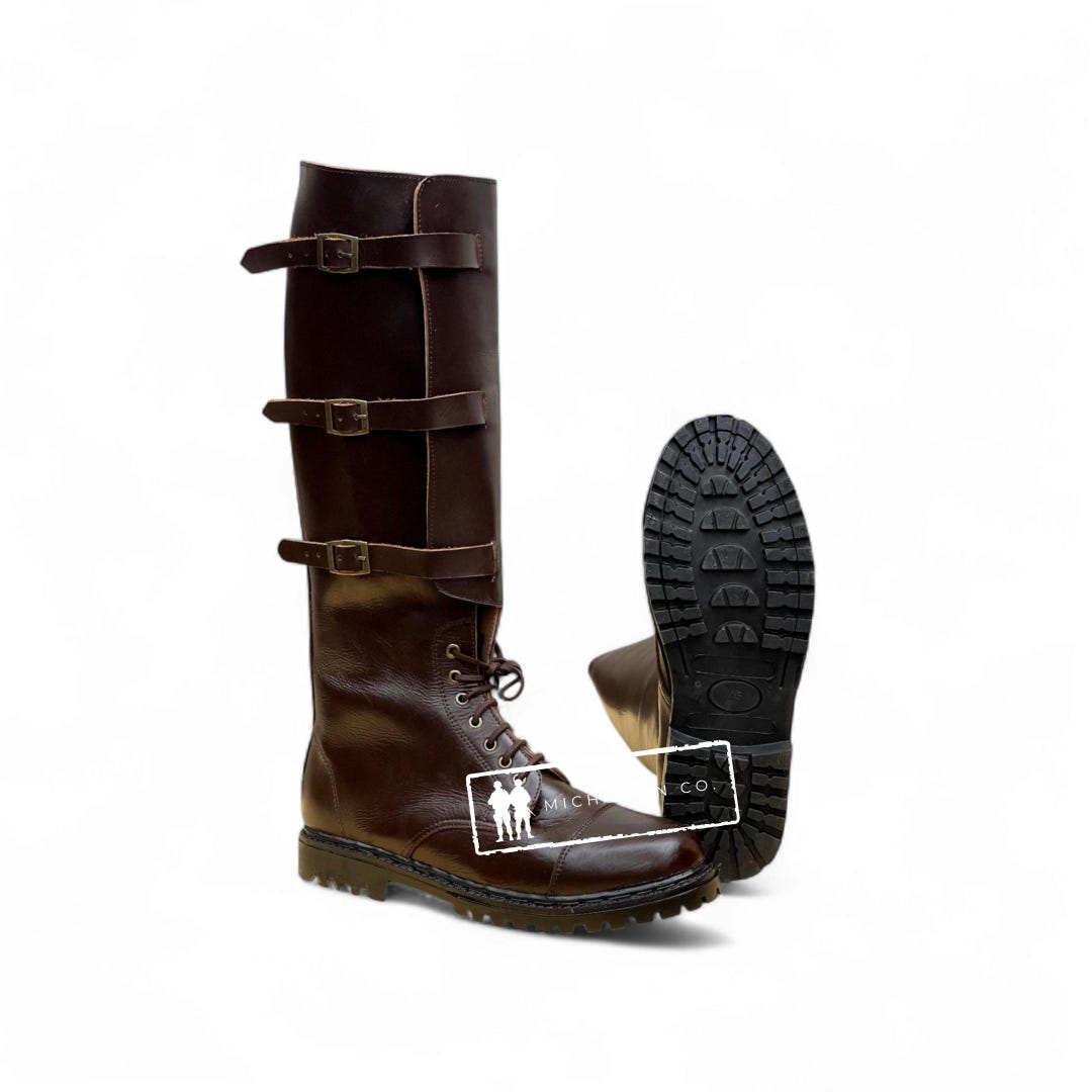 Tall Brown Leather Field Boots: Triple Buckle Lug Sole - Etsy