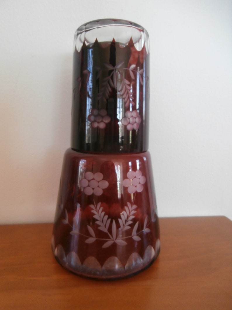 Red Carafe Etched Glass Tumble up Two Piece Bedside Water - Etsy
