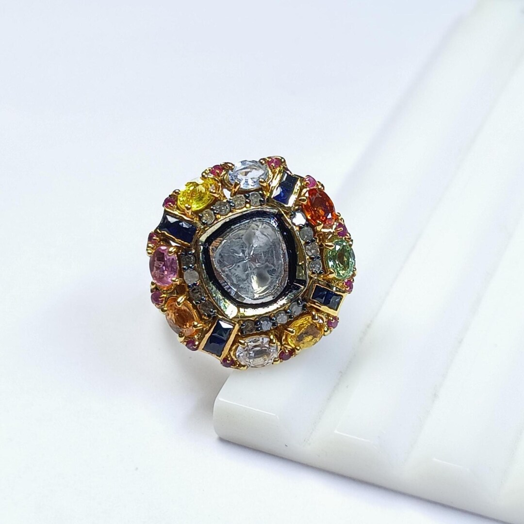 14k Vermeil Gold Natural Multi Sapphire Gemstone & Polki Ring 925 ...