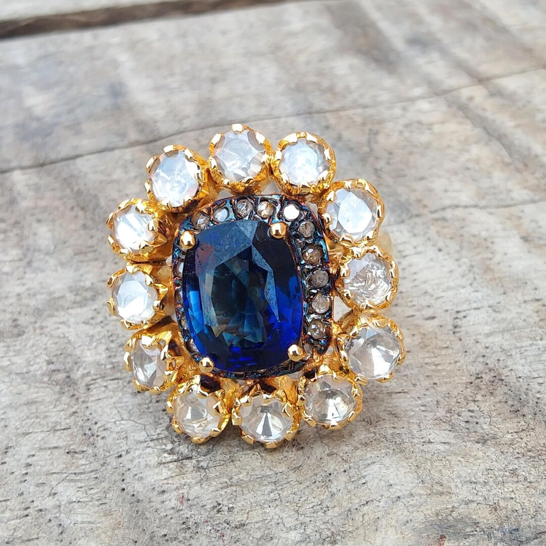 14k Vermeil Gold Blue Sapphire With Polki Ring Natural Sapphire ...