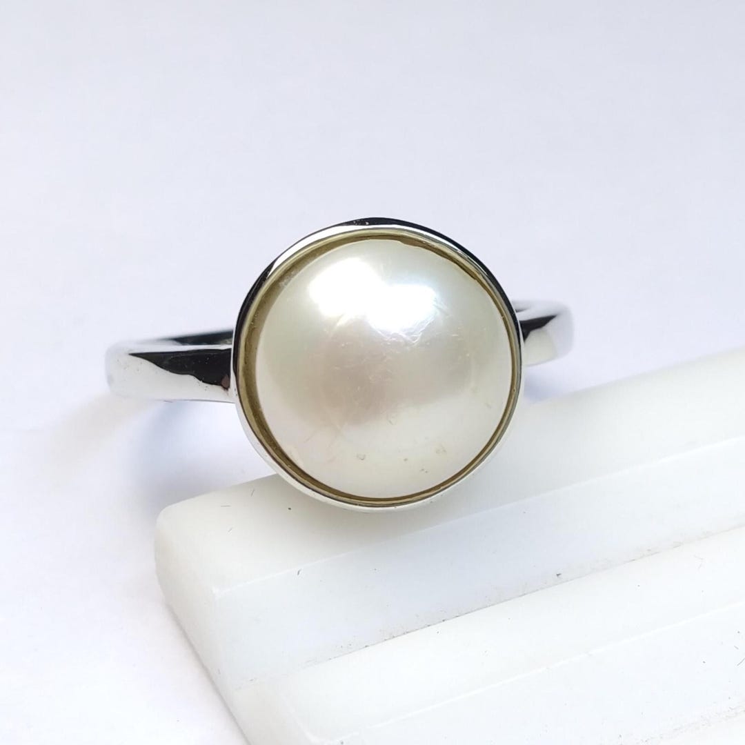 10mm Natural Pearl Gemstone Silver Ring 925 Sterling Silver Handmade ...