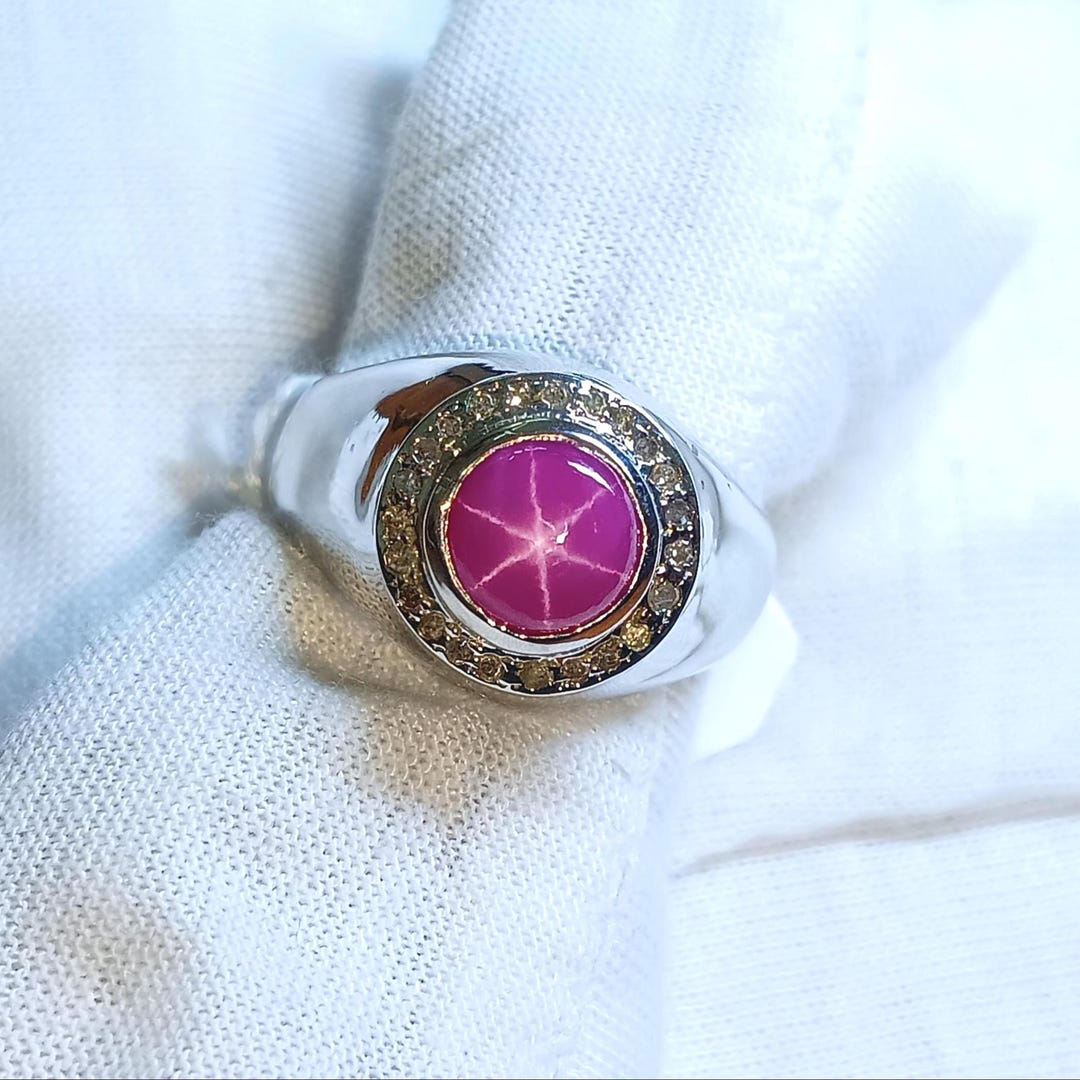 Natural Pink Lindy Star Gemstone Real Diamond Silver Ring 925 Sterling ...