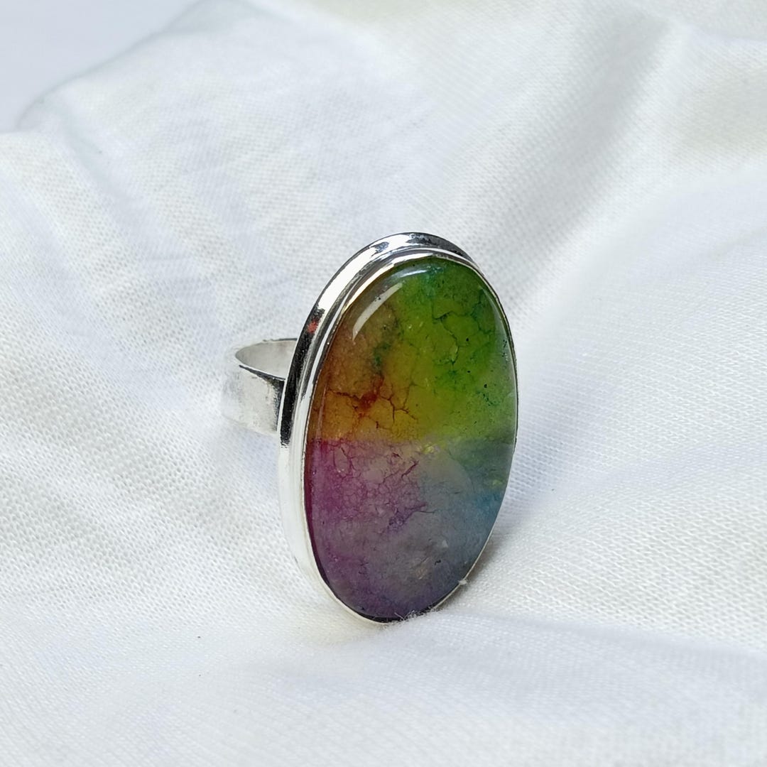 Rainbow Solar Quartz Gemstone Lab Created German Silver Ring Handmade ...