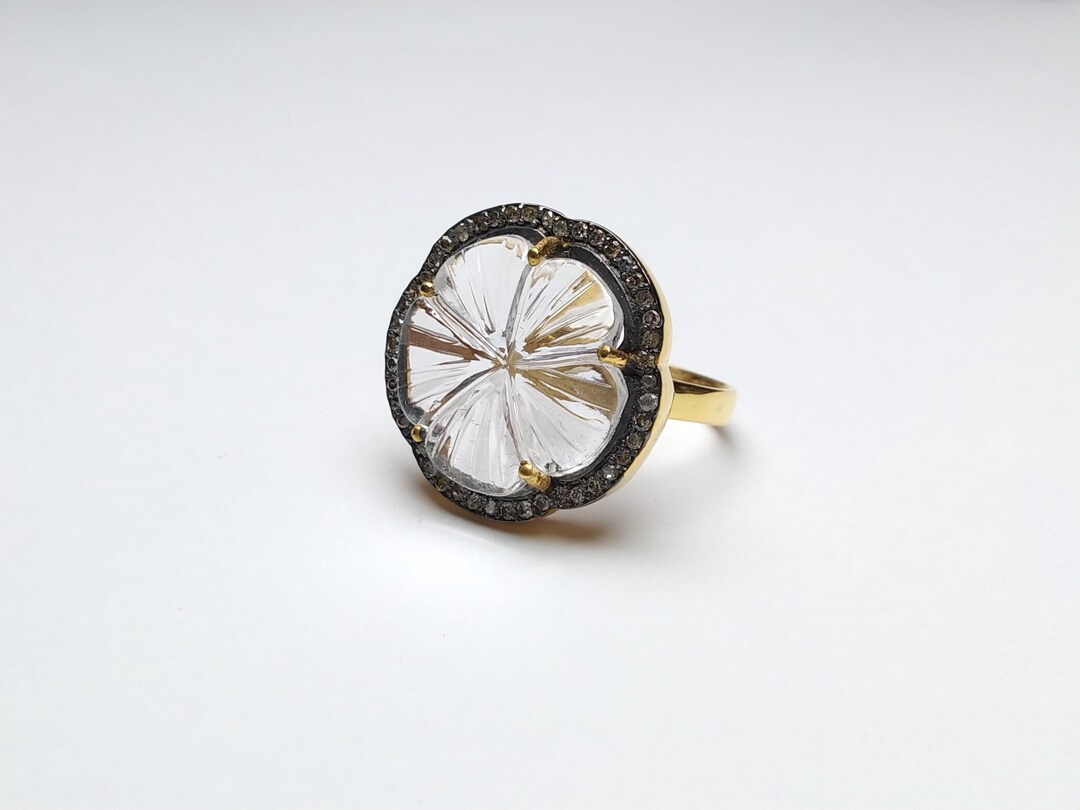 Moonstone & Diamond, Natural Gemstone, Gold Plated Floral Silver Ring ...