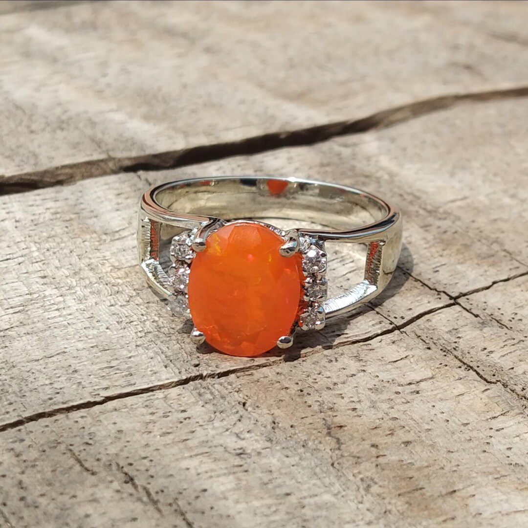 Natural Orange Opal Gemstone & Diamond Silver Ring 925 Sterling Silver ...