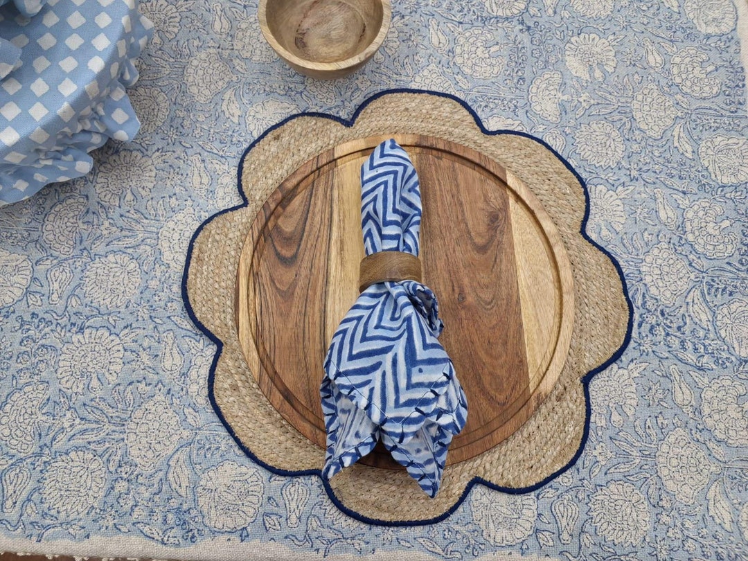Blue Napkin With Handwoven Jute Placemat Set Wooden Jute Table ...
