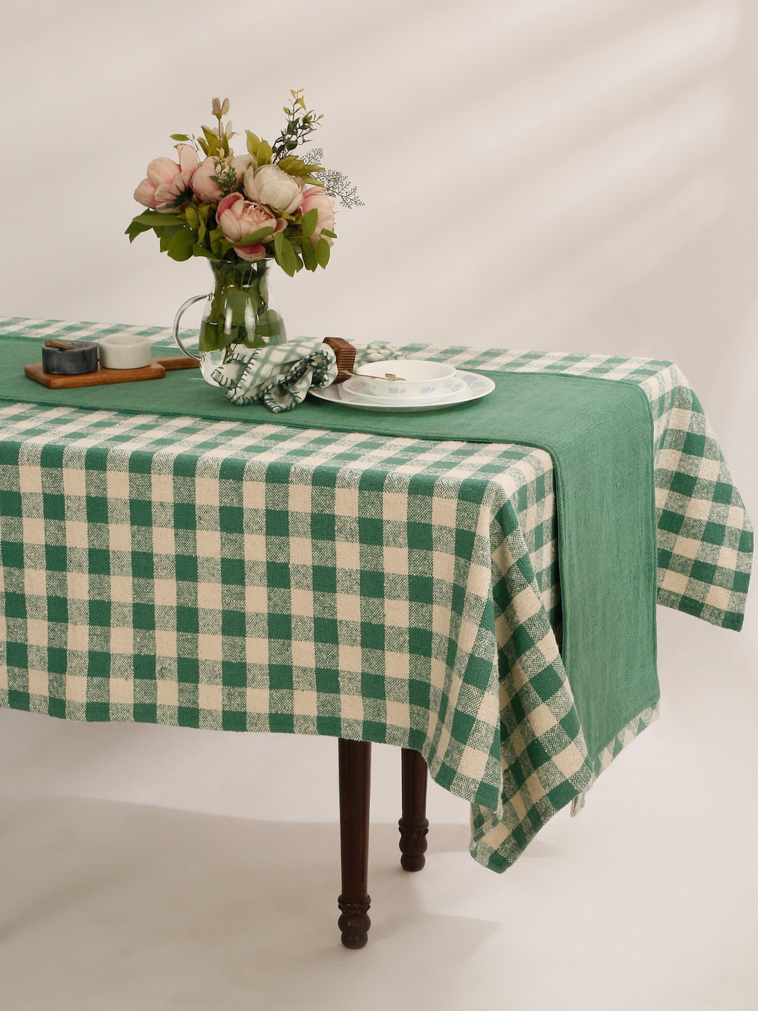 Green Checkered Table Cover Fall Decor Table Cloth Cotton Boucle Table ...